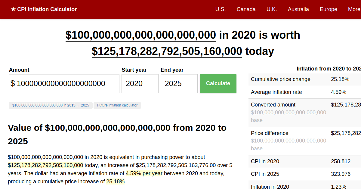 $100,000,000,000,000,000,000 in 2020 → 2025 | Inflation Calculator