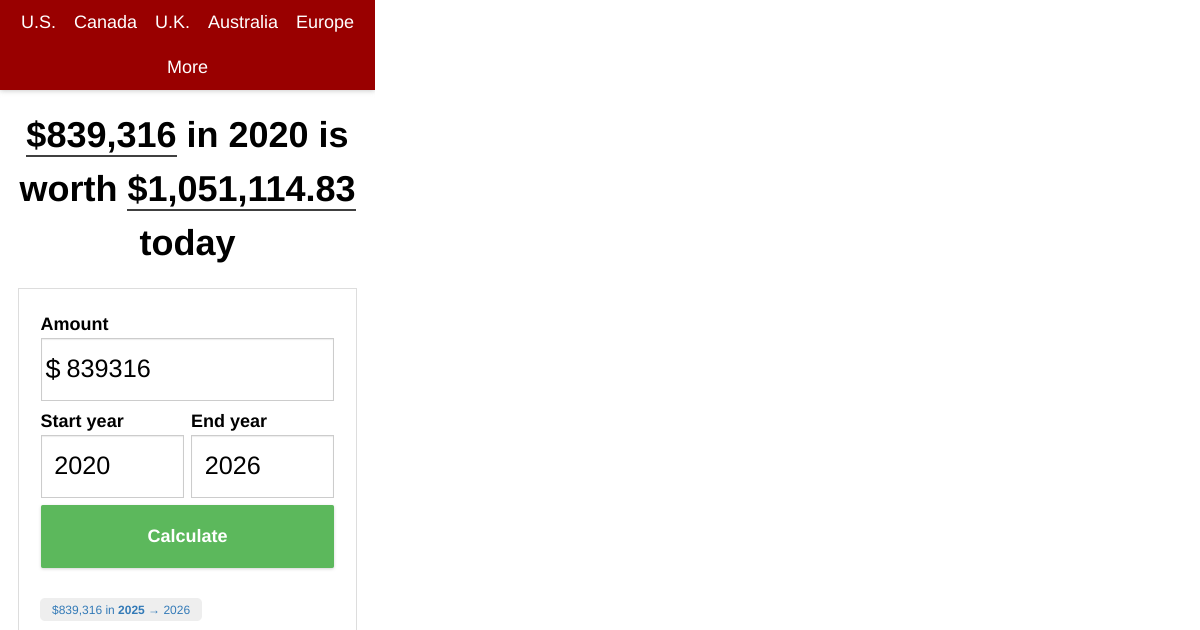 $839,316 in 2020 → 2025 | Inflation Calculator