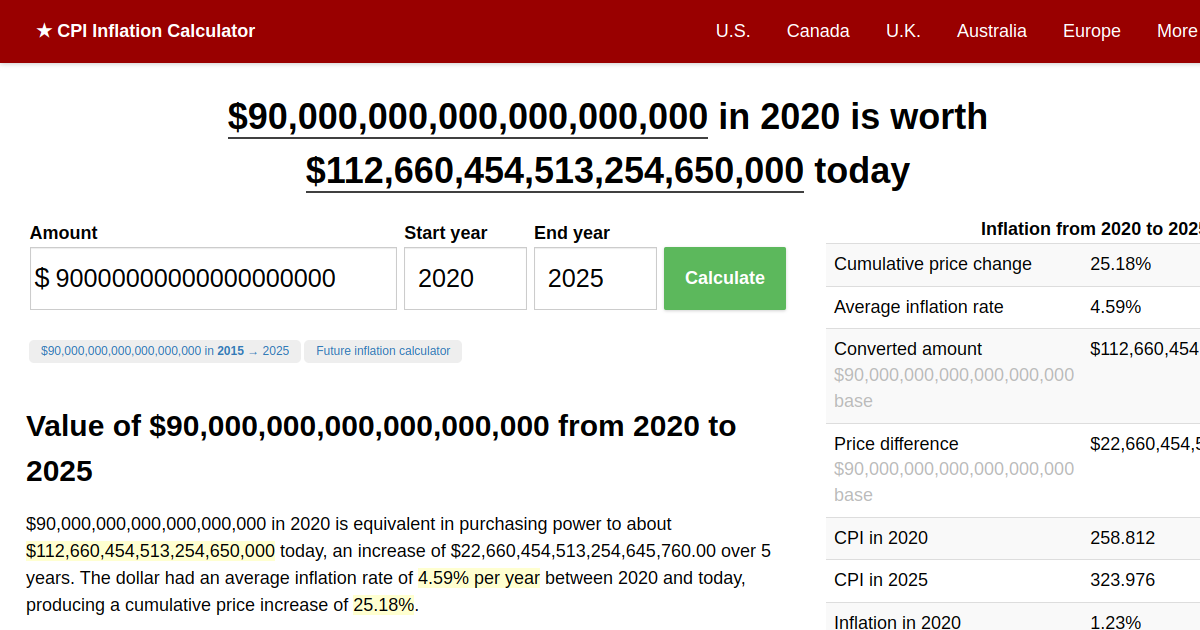 $90,000,000,000,000,000,000 in 2020 → 2025 | Inflation Calculator