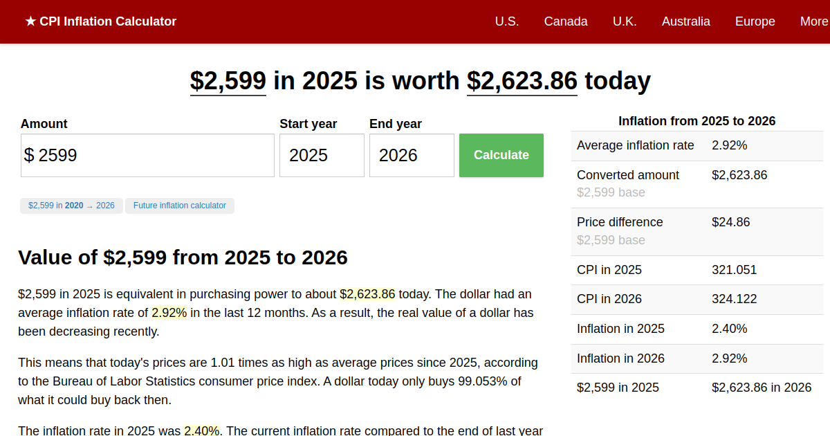 $2,599 in 2025 → 2026 | Inflation Calculator