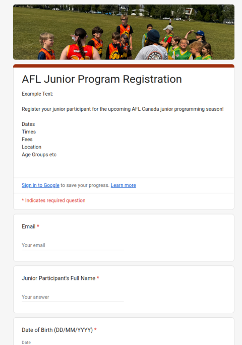 Google Form Templates - AFL Junior Program Registration